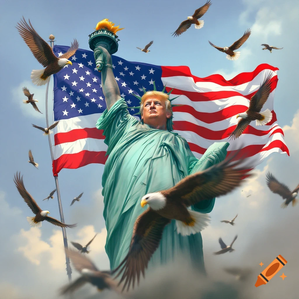 Donald Trump as the Statue of Liberty with Eagles and American Flag on ...