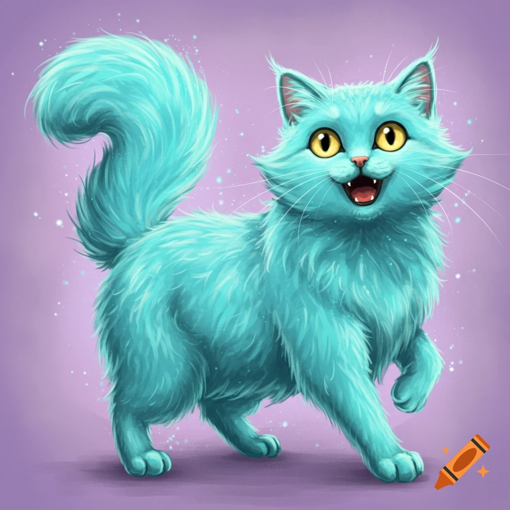 A happy, fluffy teal cat stands on a pastel purple background. on Craiyon