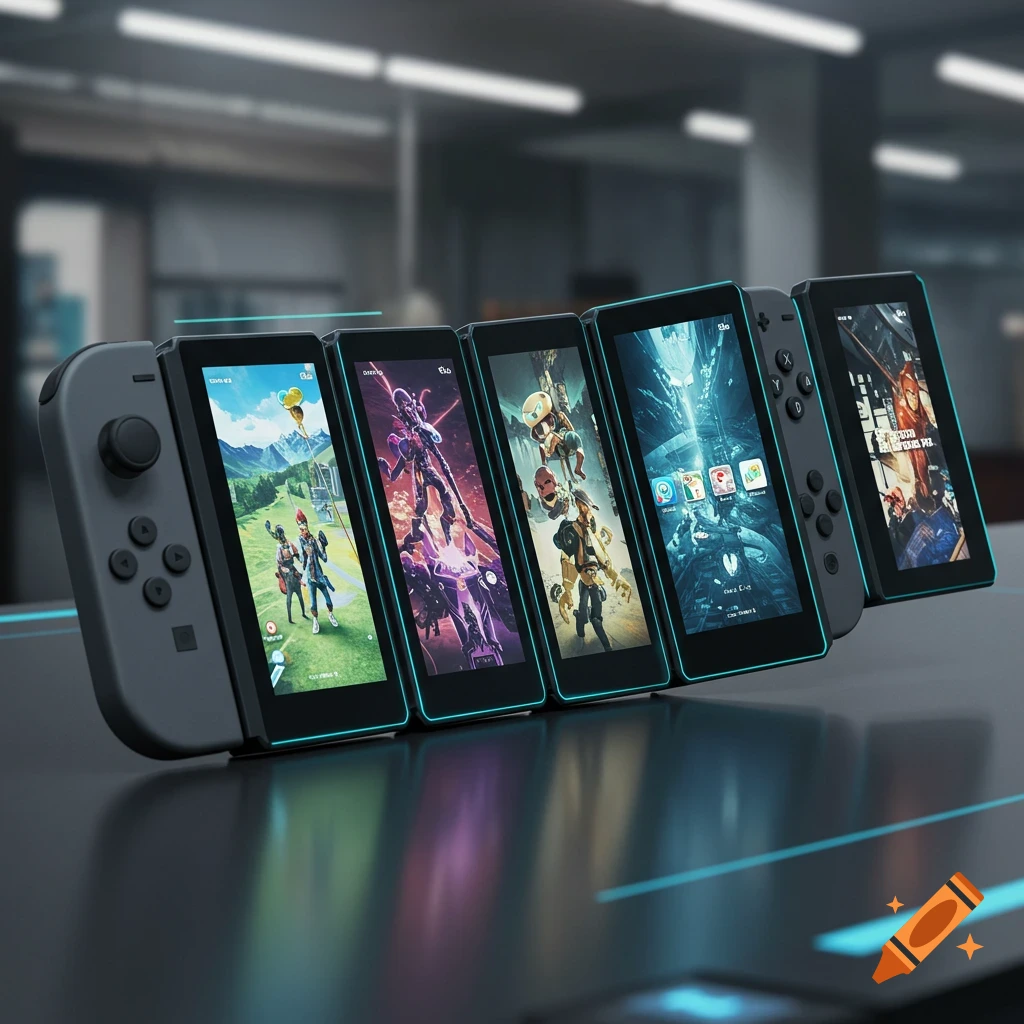 Futuristic Nintendo Switch with interconnected screens on Craiyon