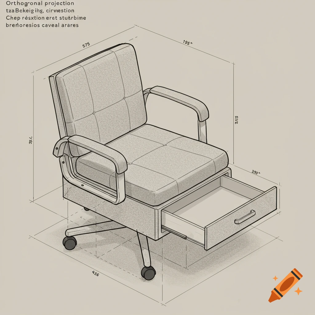 Orthogonal drawing of a square chair with cushions, rolling wheels ...