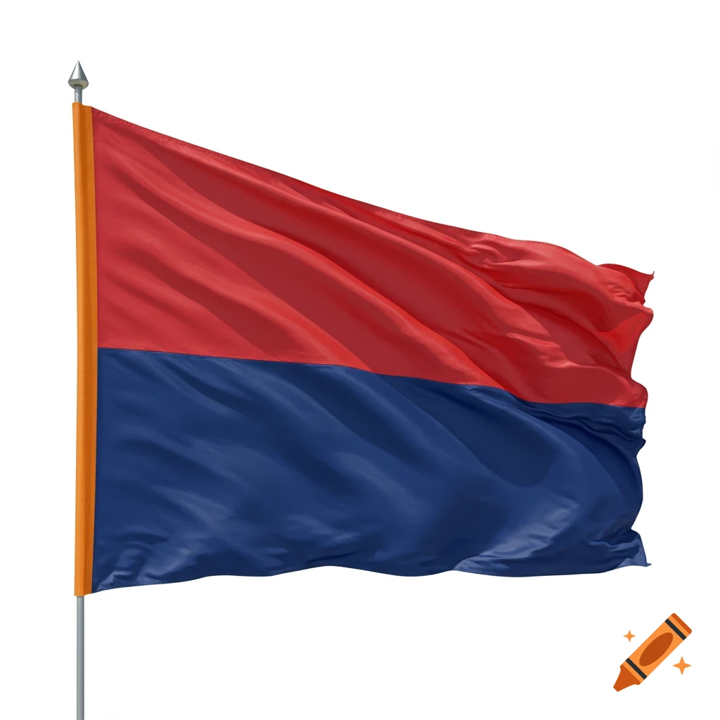 A flag with a red top half and a blue bottom half, flying on a pole ...