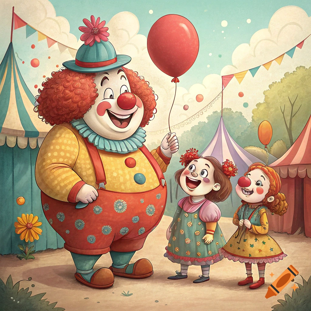 Family of clowns: a large clown, two female clowns, and a little girl ...