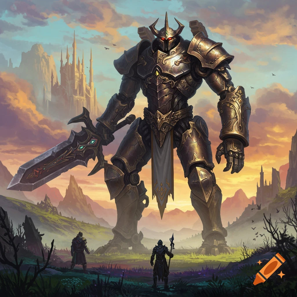 A giant fantasy mech with a sword stands in a valley before a castle ...