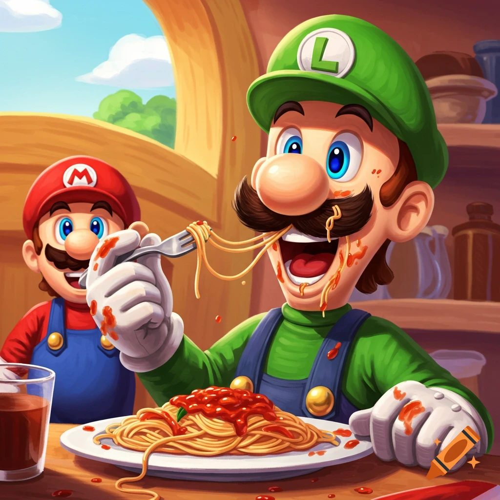 Luigi eating spaghetti on Craiyon