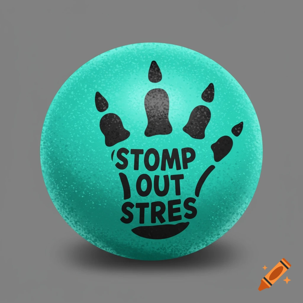 Teal stress ball with triceratops footprint and the words 'Stomp out ...