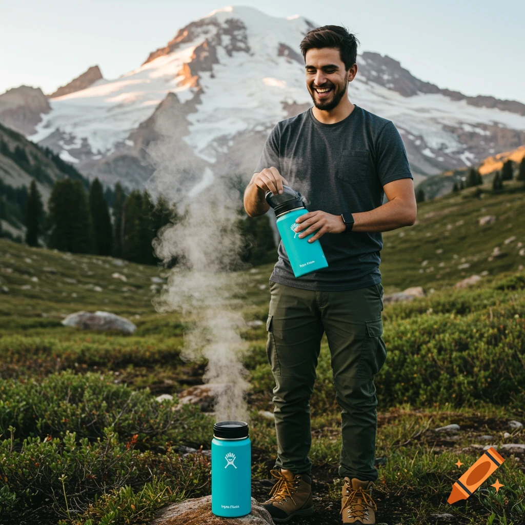 Hiker opening Hydro Flask with steam rising on Craiyon