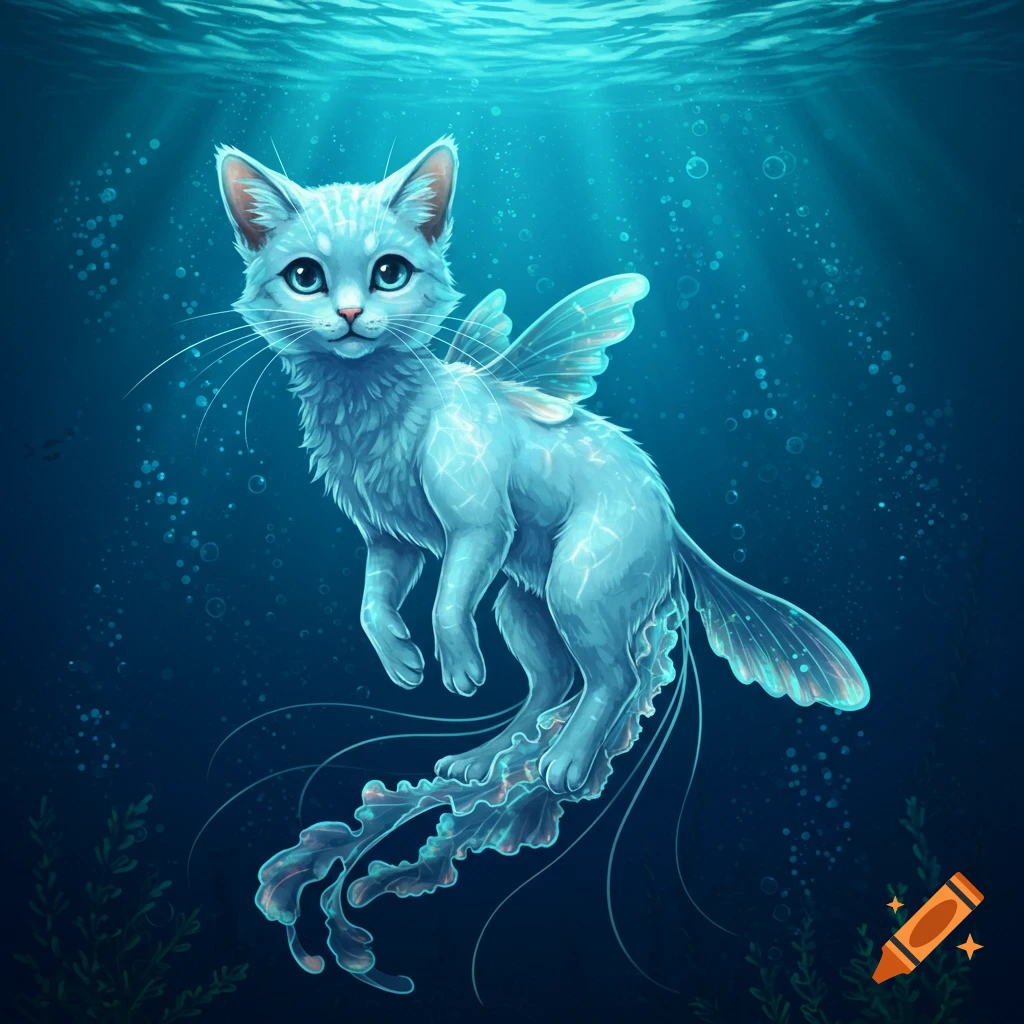 Aquatic cat-like creature with jellyfish-like fins on Craiyon