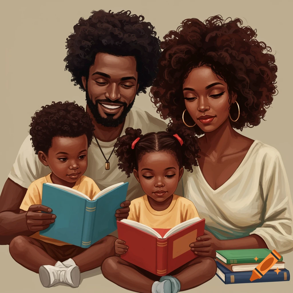 An illustration of an Afrocentric family, parents and two young ...