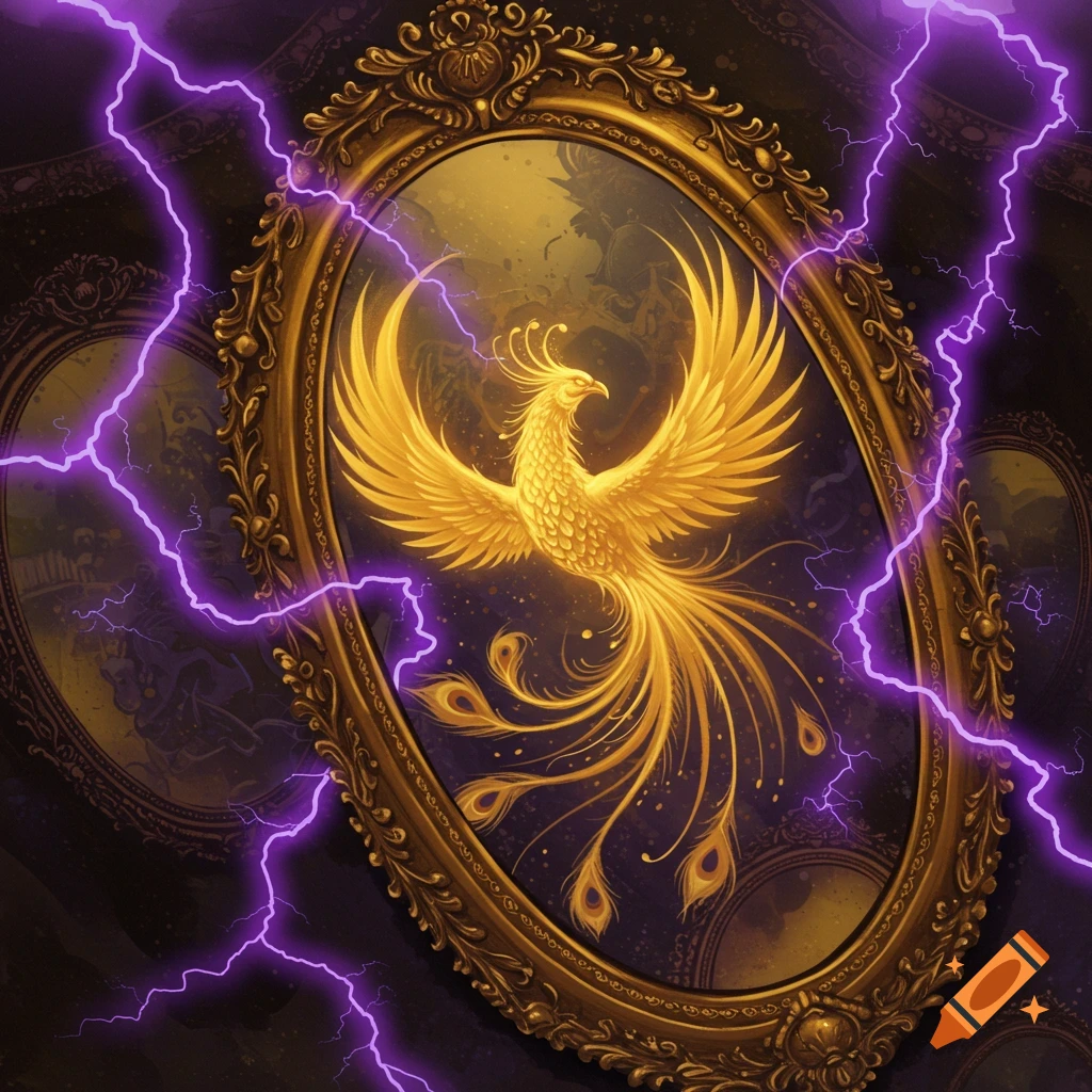 Painting of a fancy mirror, golden phoenix, and purple lightning. on ...