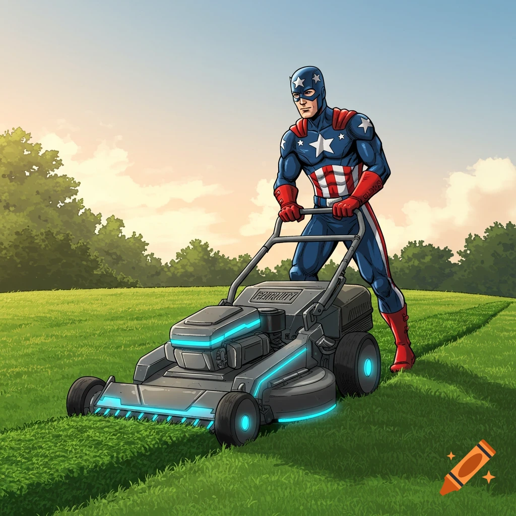 Patriot character mowing a lawn in a comic book style. on Craiyon
