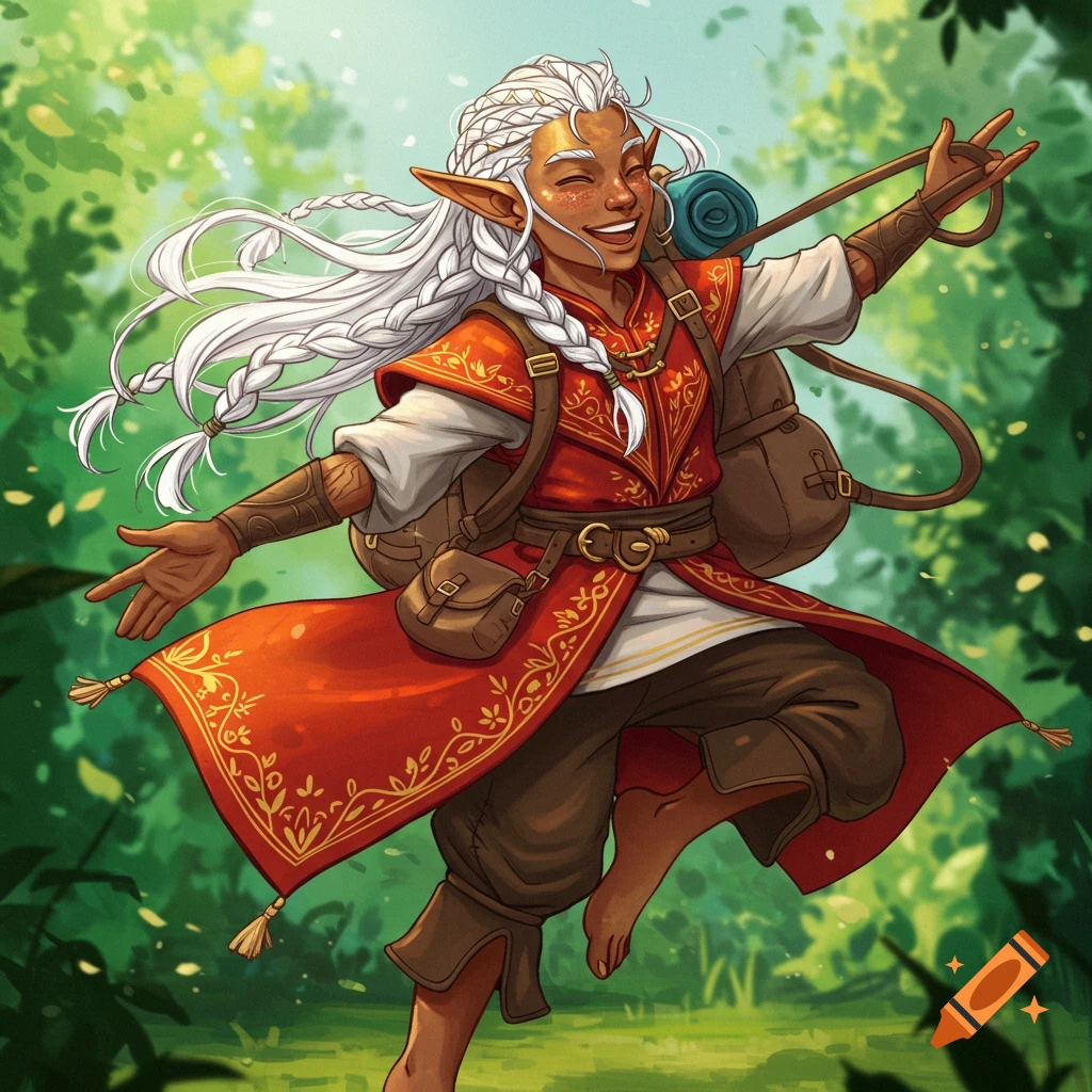 Wood elf dancer with braided white hair and red and gold tunic on Craiyon