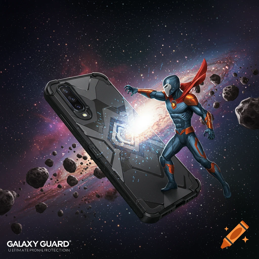 Illustrated superhero stands on a large phone case floating in space ...