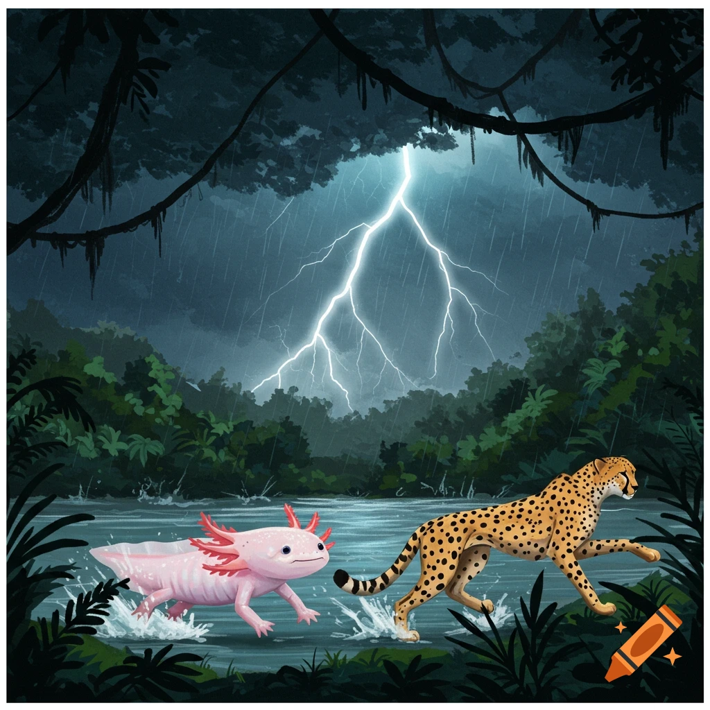 Jungle storm with cheetah and axolotl running by river on Craiyon