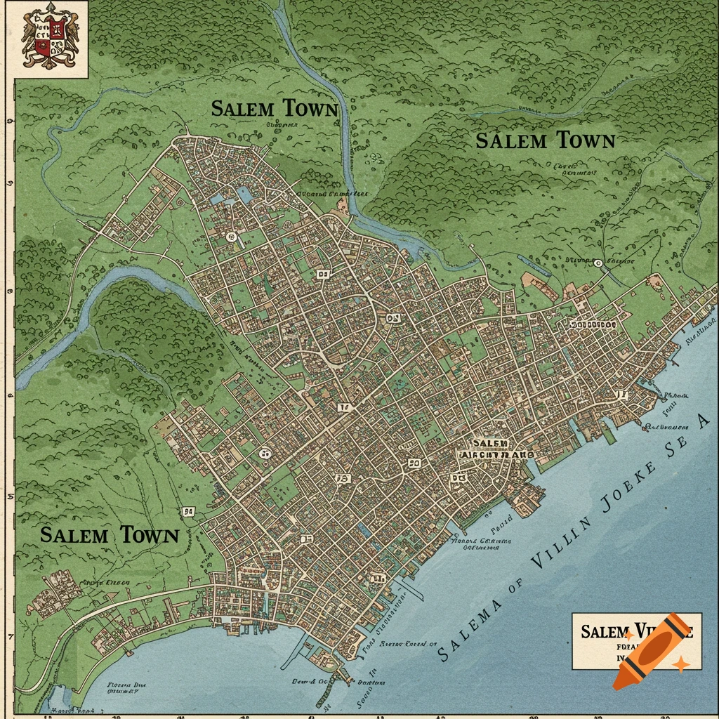 Map of Salem Town vs Salem Village, early 1700s on Craiyon