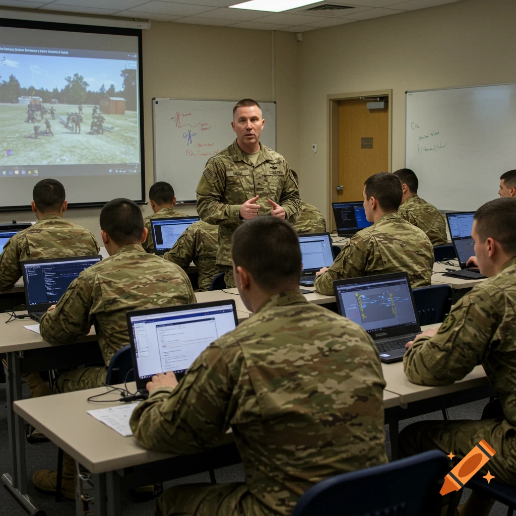 Military instructor teaching young adults in uniform using computers on ...