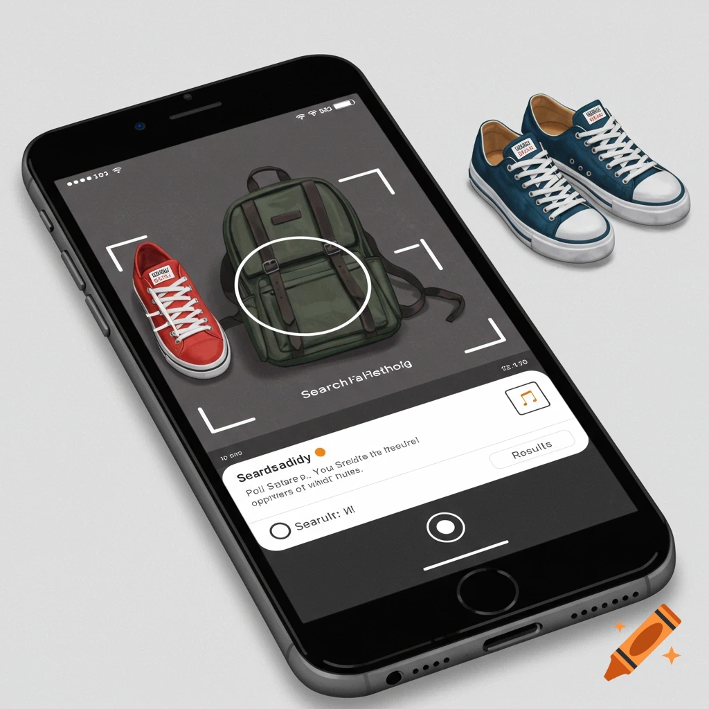 Phone screen showing camera viewfinder with search results on Craiyon