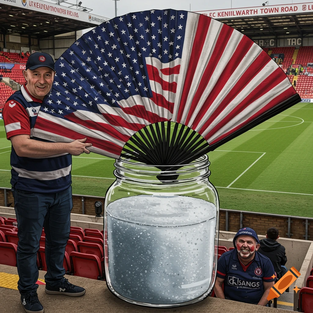 Man dipping US flag fan in water at Luton Town FC's Kenilworth Road ...