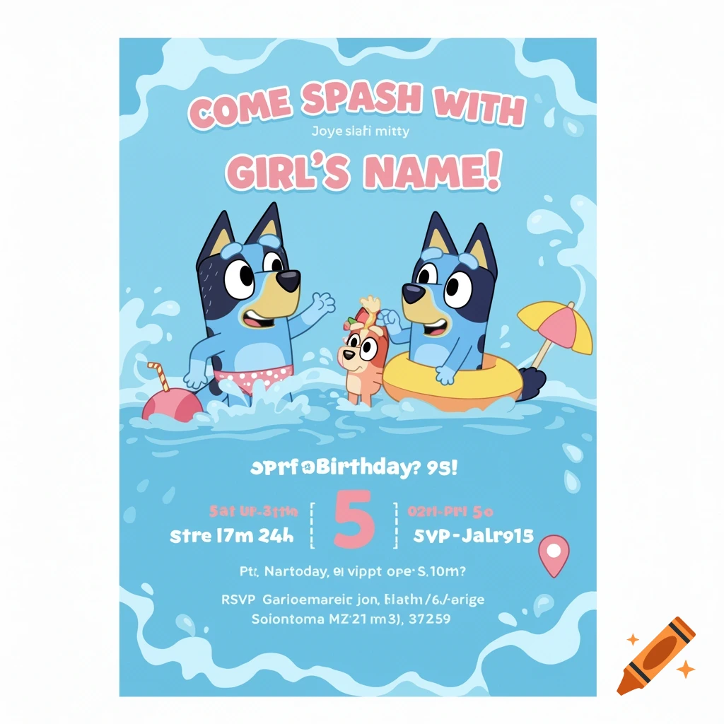 Bluey themed 5th birthday party invitation with water park theme on Craiyon