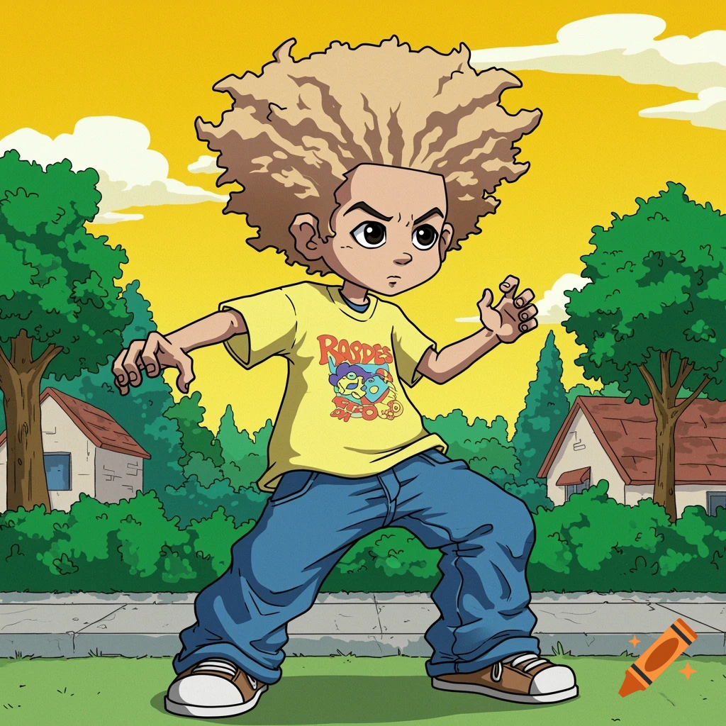 Boondocks style illustration of a white boy with fluffy hair on Craiyon