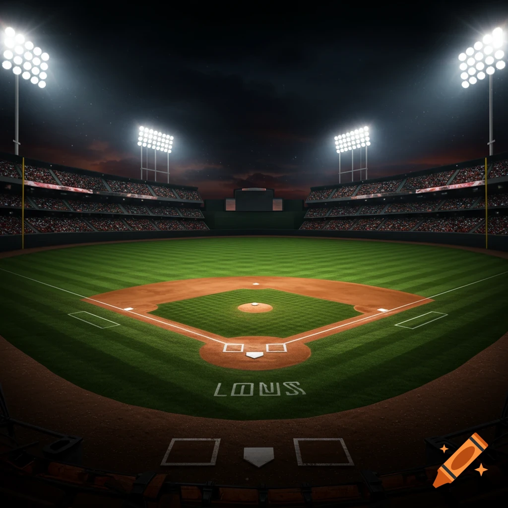 Nighttime baseball stadium banner with illuminated field and space for ...