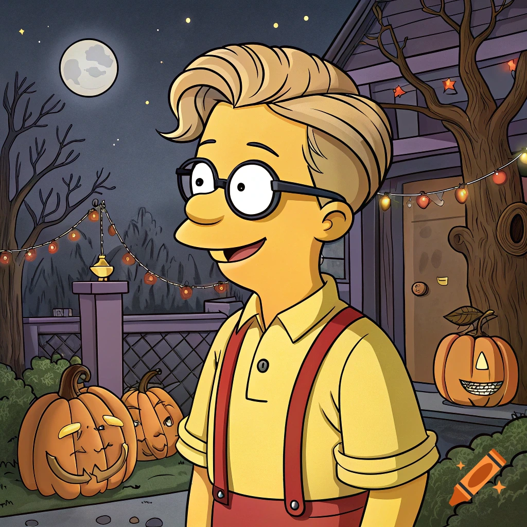 Cartoon drawing of Pierre Poilievre as Milhouse for Halloween on Craiyon