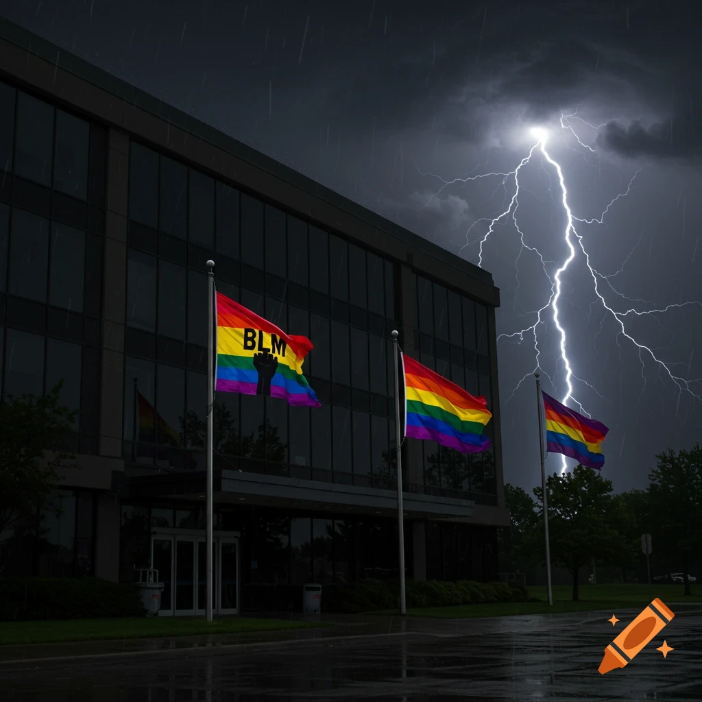 BLM and Pride flags flying outside a dark building during a ...