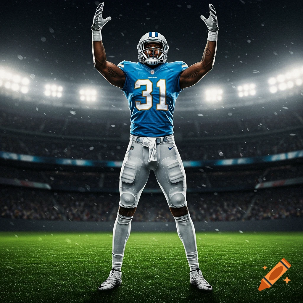 A football player in a red and silver uniform stands on a field ...