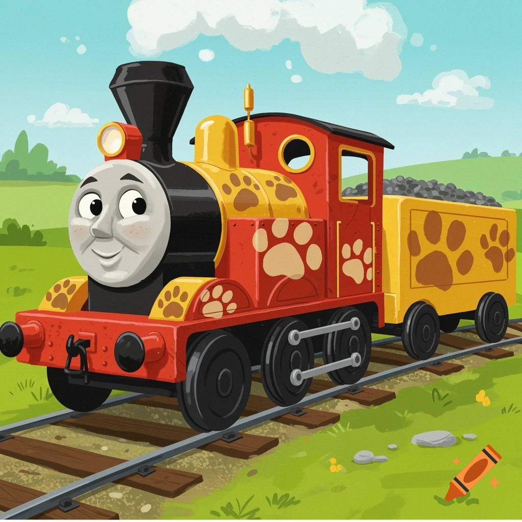 Cartoon train character with a yellow and teal body decorated with ...