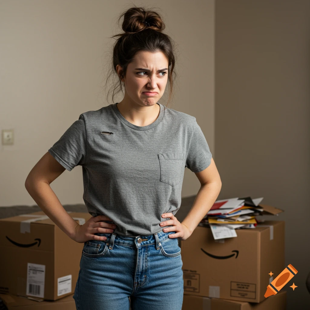 Frustrated woman waiting for Amazon package on Craiyon