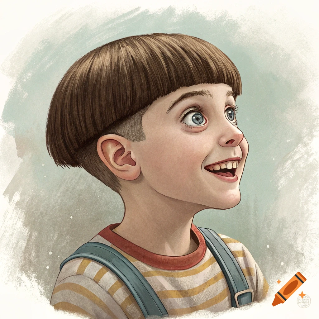 An illustration of a young boy with a bowl cut smiling. on Craiyon