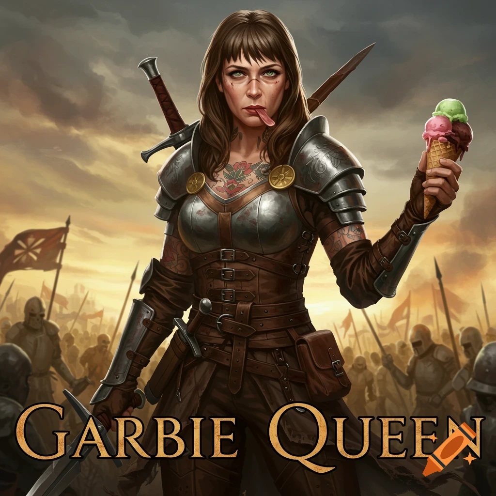 Battle-worn warrior woman with tattoos holding ice cream and a weapon ...