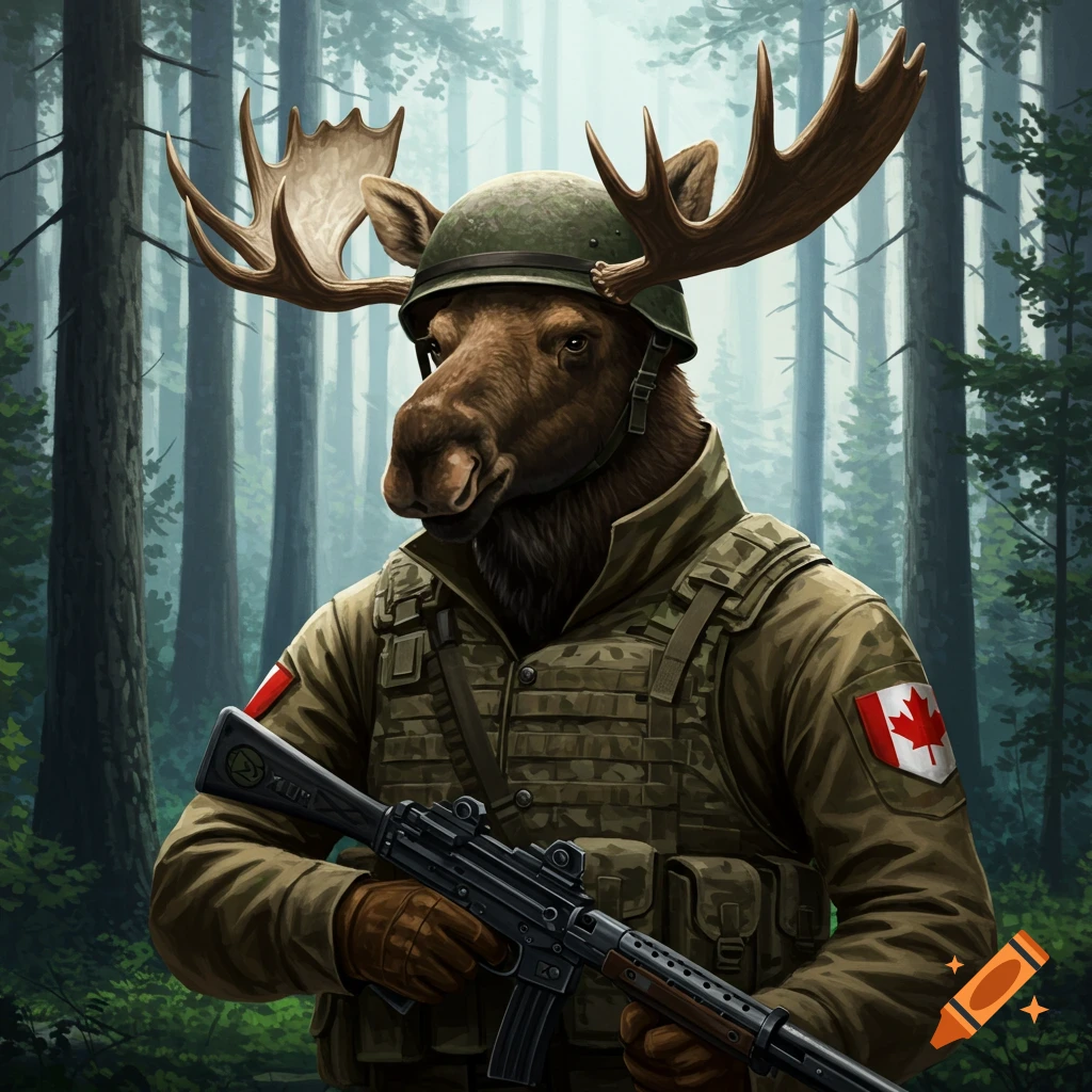 A Canadian moose in a military uniform, helmet, and tactical vest ...