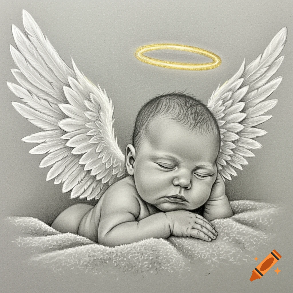 Pencil drawing of a sleeping baby angel with halo on Craiyon