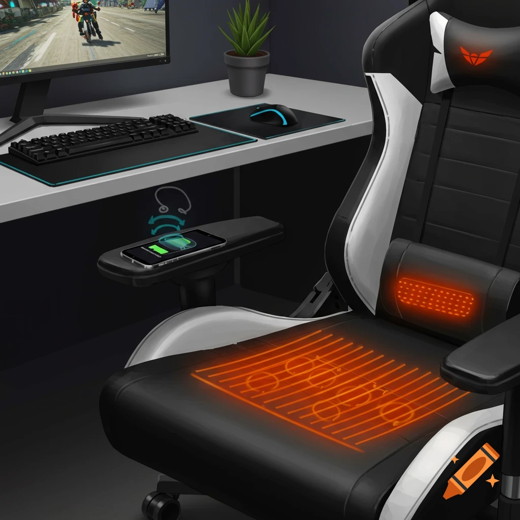 Gamer chair with heating and wireless phone charger on Craiyon