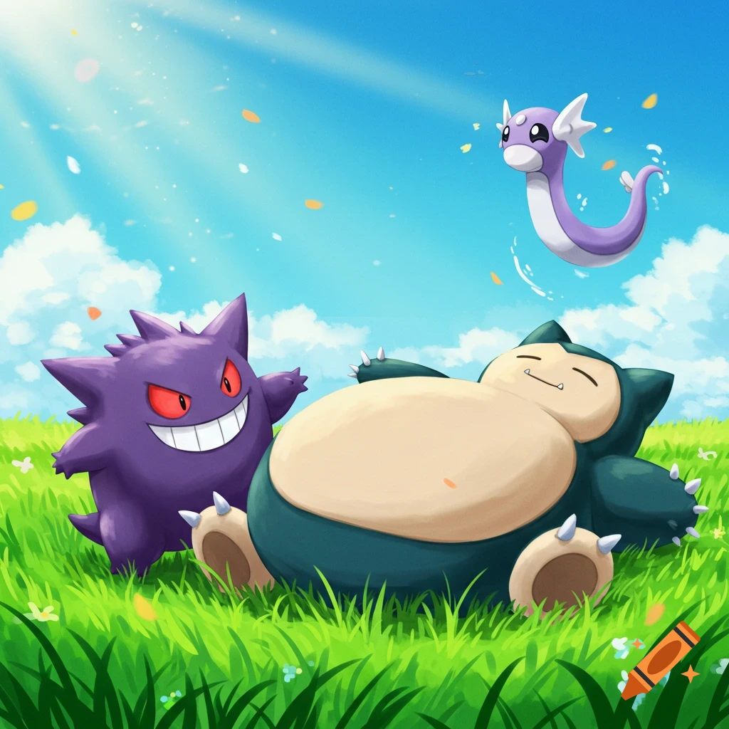 Gengar riding a purple bicycle on a dirt path through a grassy field ...