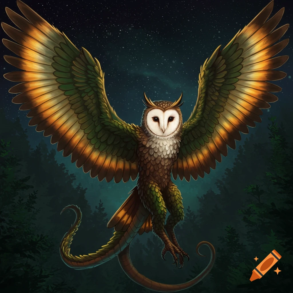 Owl and dragon hybrid creature flying through a starry forest. on Craiyon