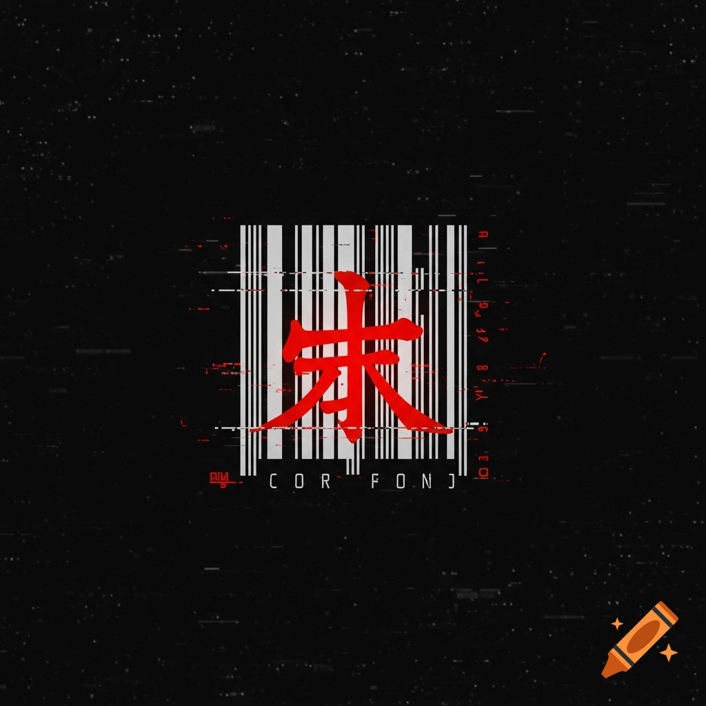 Cyberpunk barcode logo with hidden kanji, glitch effect, neon screen on ...