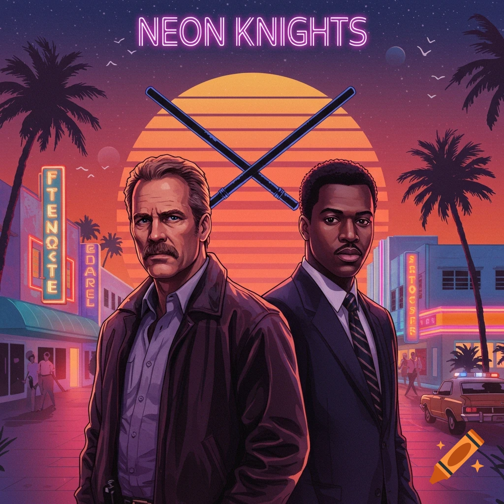80s buddy cop movie poster, Neon Knights, Florida setting on Craiyon