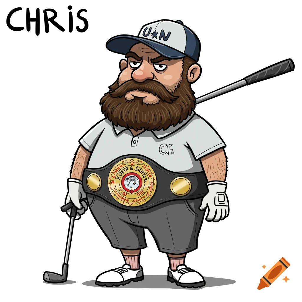 Cartoon of a short, bearded male golfer named Chris wearing a boxing ...