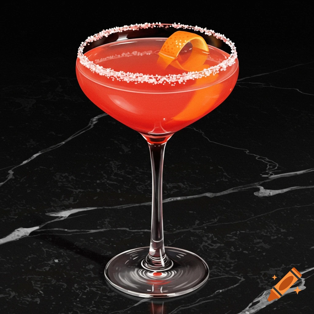 A red cocktail in a tall glass with a sugared rim and orange peel ...