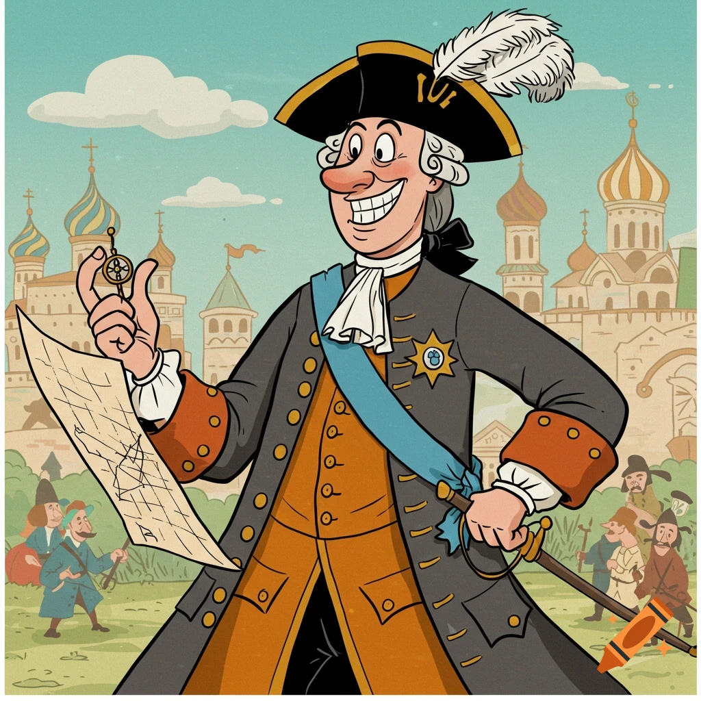 Cartoon of Peter I of Russia holding a map and compass, with a city ...