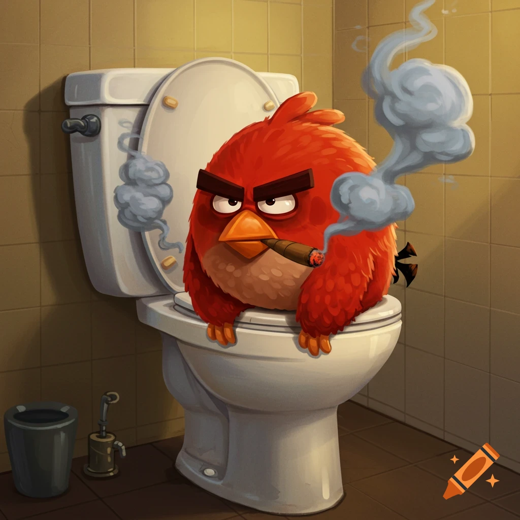 Red Angry Bird sits on a toilet smoking a cigar in a bathroom. on Craiyon