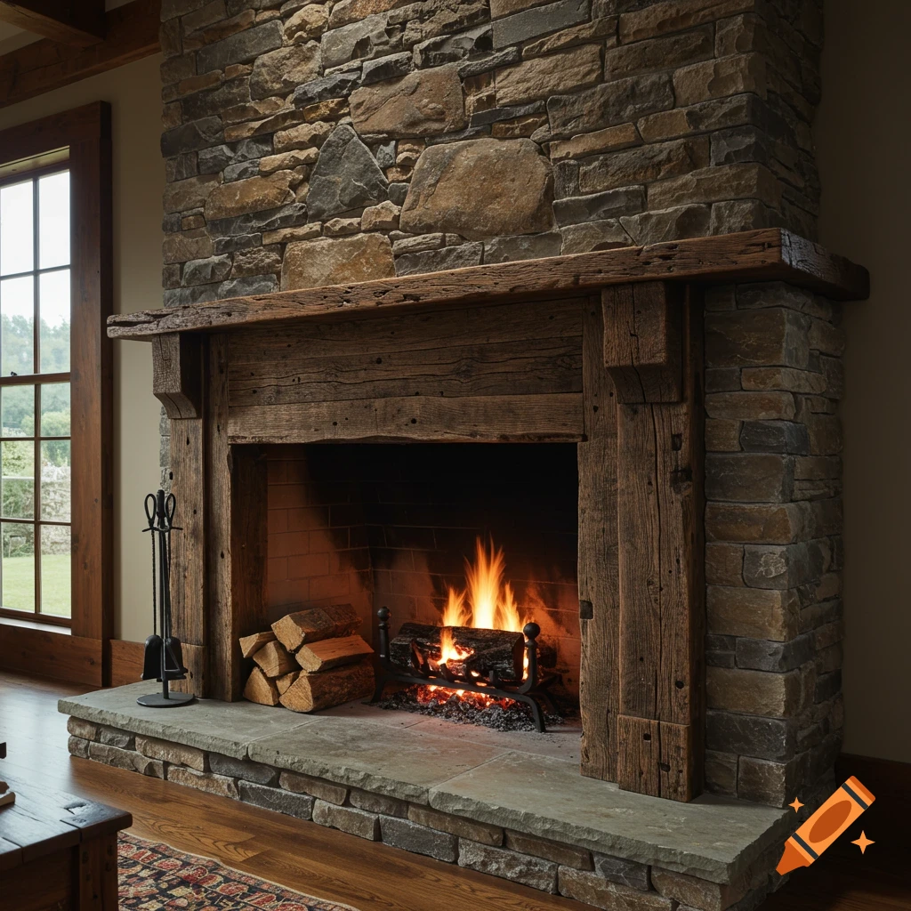 Rustic gas fireplace with wood surround and stone chimney on Craiyon