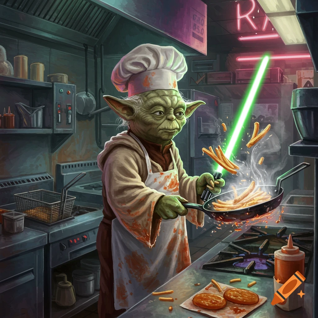 Yoda, wearing a chef's hat and apron, uses a green lightsaber to stir ...