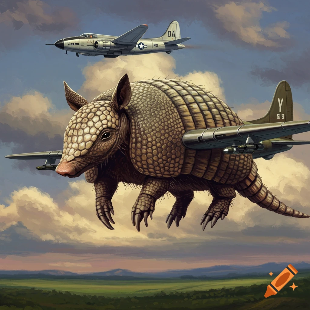Painting of a large flying armadillo with airplane wings alongside a military plane in the sky ...