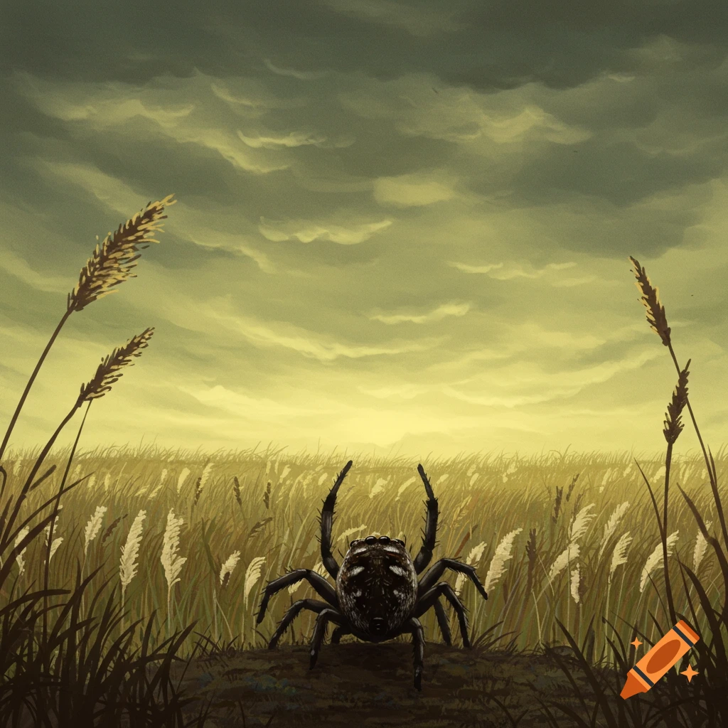 Spider overlooking prairie with stormy sky on Craiyon