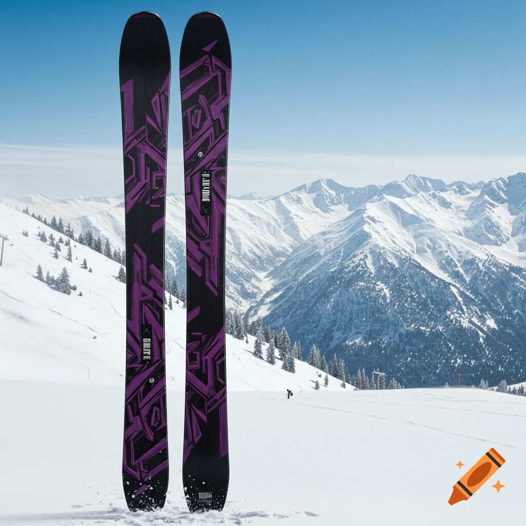 Twin tipped freestyle ski with purple and black graphic on Craiyon