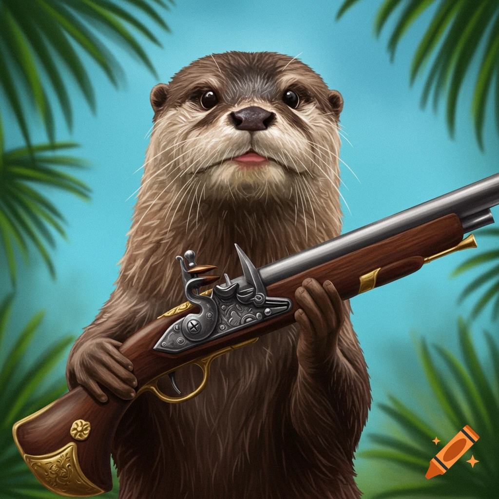 Illustration of an otter holding a musket in a jungle. on Craiyon