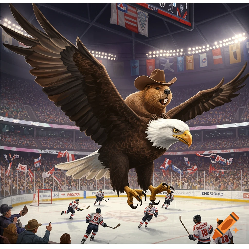 Beaver riding bald eagle at hockey game wearing cowboy hat on Craiyon