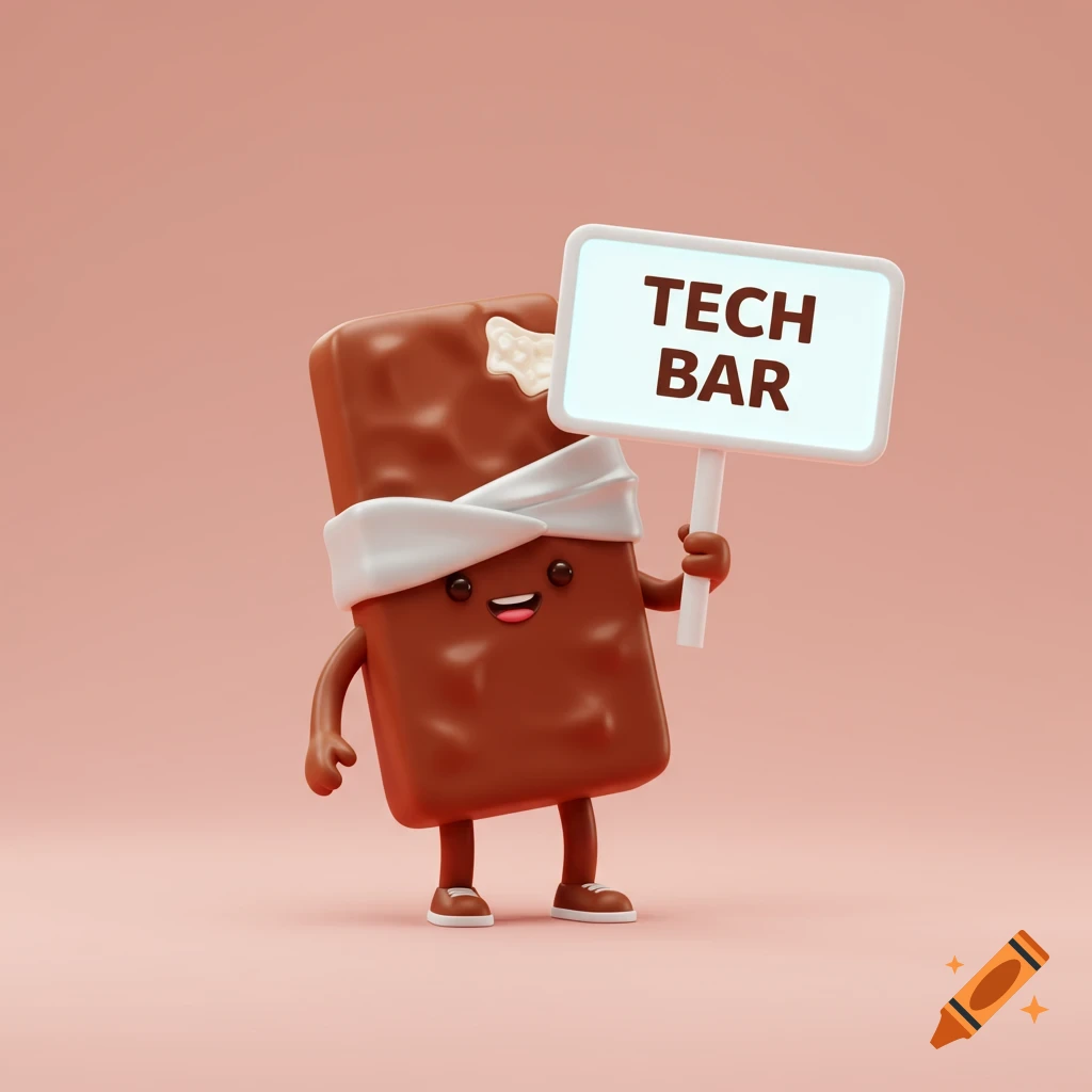 A 3D cartoon chocolate bar character holds a sign that says "TECH BAR ...